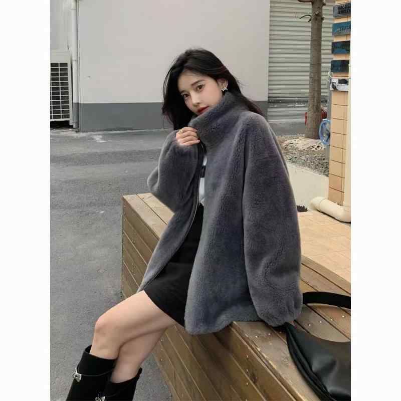 コート レディース 秋冬 羊毛 アウター 立襟 ゆったり あったか 暖かい 皮毛 一体型 ふわふわ もこもこ かわいい カジュアル