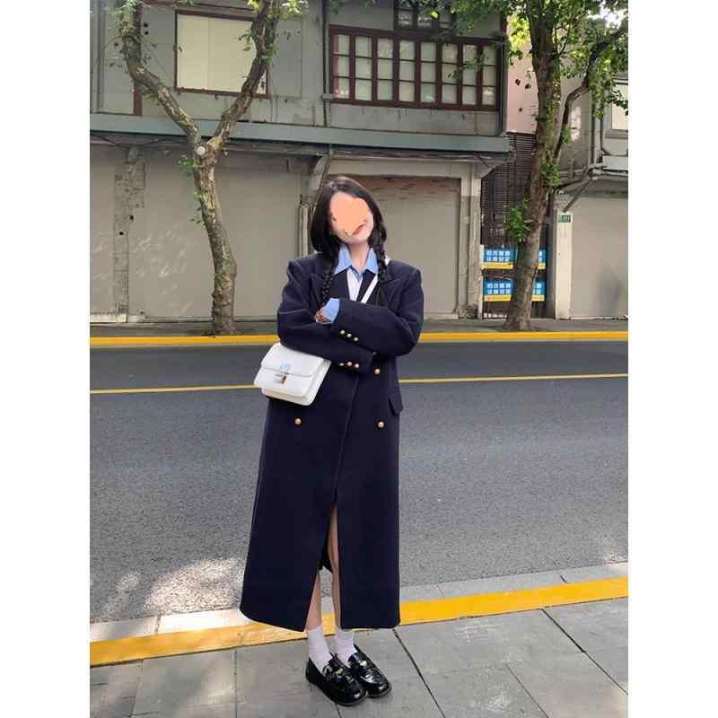 コート レディース 秋冬 正肩 気質 ウール アウター レトロ スクール風 ブリティッシュスタイル ミドル丈 ウールコート 上品 きれいめ クラシカル 紺色 ネイビー