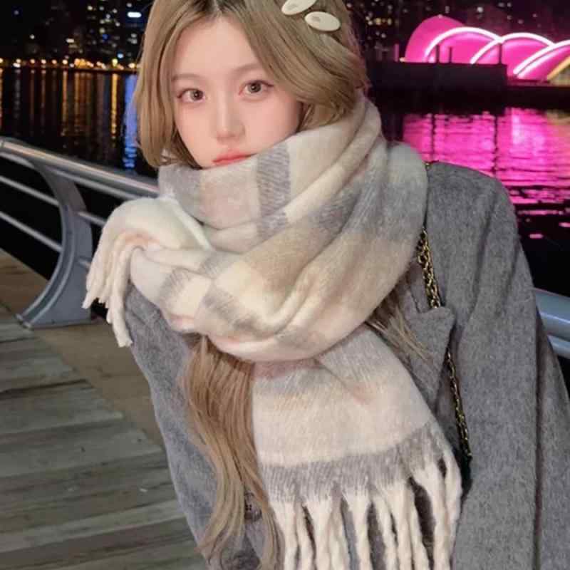 マフラー レディース 韓国風 チェック柄 高級感 防寒 厚手 仿羊绒 膝掛け ショール ストール 親肌 秋冬