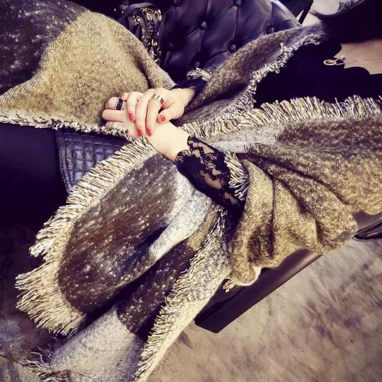 マフラー レディース 秋冬 配色 格子柄 サークルヤーン フリンジ ショール ストール 三角巾