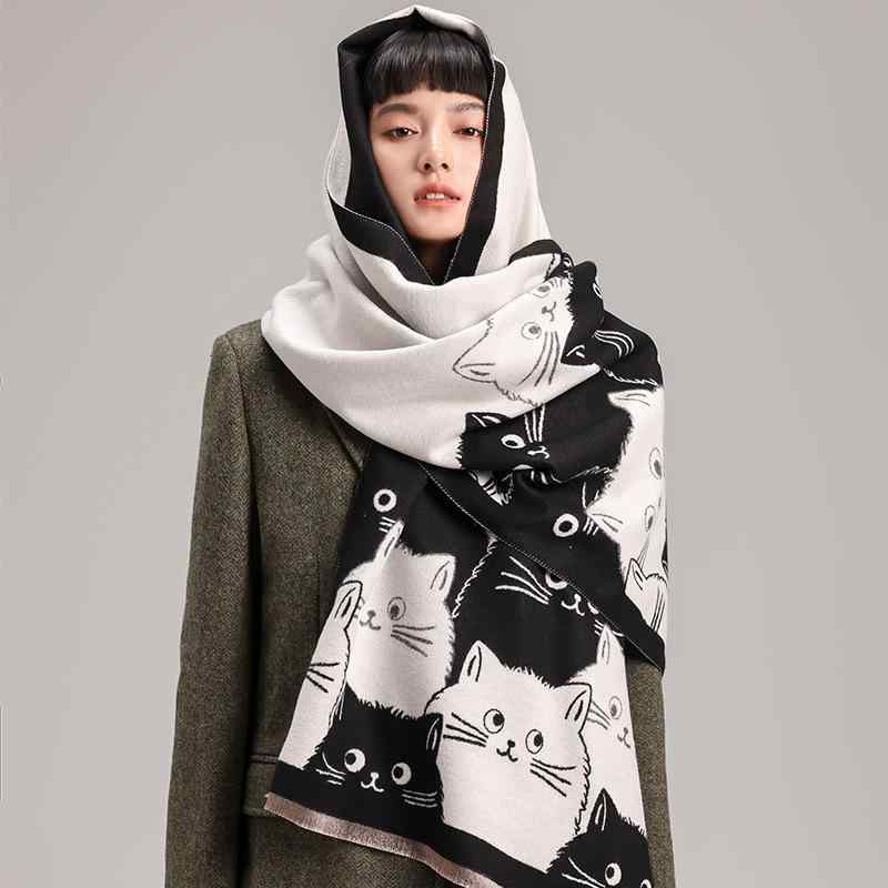 ストール レディース かわいい 猫柄 秋冬 ロング 厚手 防寒 あったか フェイクウール ショール ひざ掛け 切り替え アニマル