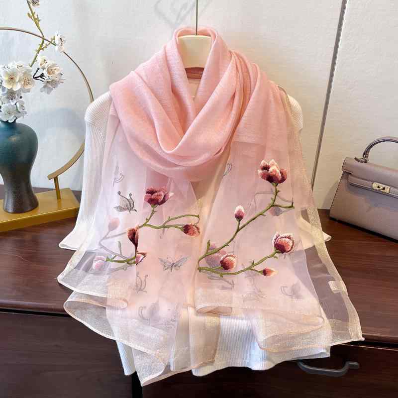 スカーフ レディース 春夏 シルク ウール ショール 玉蘭花柄 百搭 麗人 レトロ 刺繍 花柄 ガーゼ 薄手 ストール