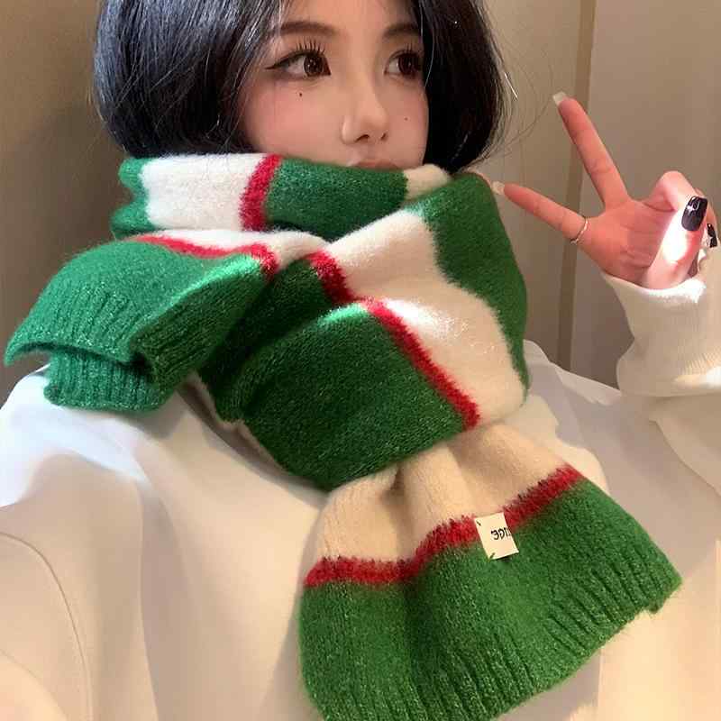 マフラー レディース 秋冬 ウール混紡 クリスマス グリーン ストライプ柄 ニット 暖かい 防寒 ネックウォーマー ショール・機能: 保温・スタイル: 百搭・カラー: グリーン, カーキ色, レッド, 紫色・長さ: 不支持退货・上市年: 2...