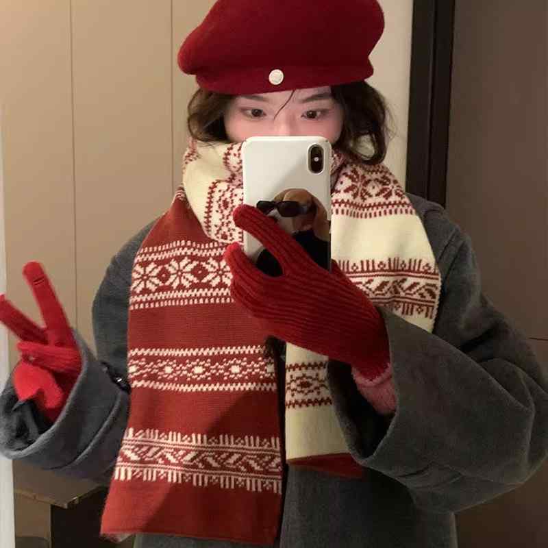 マフラー レディース クリスマス ギフト レッド 韓国風 高級感 あったか ストール 秋冬 学生 カップル ニット[ "・機能: 保温", "・スタイル: 日韓, スイート, 小清新", "...