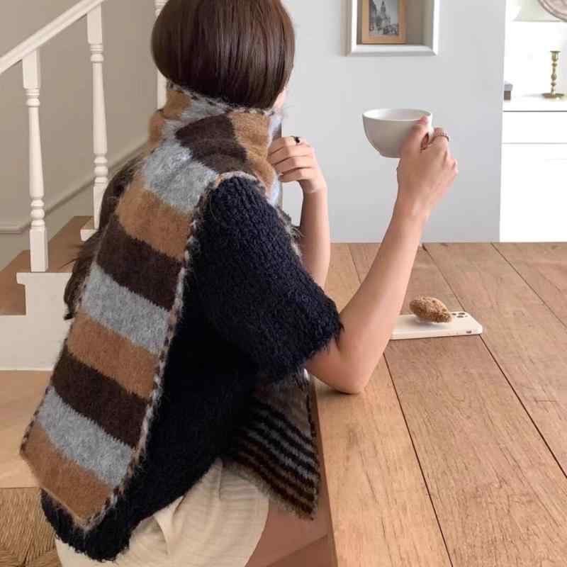 2マフラー レディース 高級感 モヘア ストライプ 韓国風 ファッション 防寒 ニット ウール混紡 ショール 暖かい