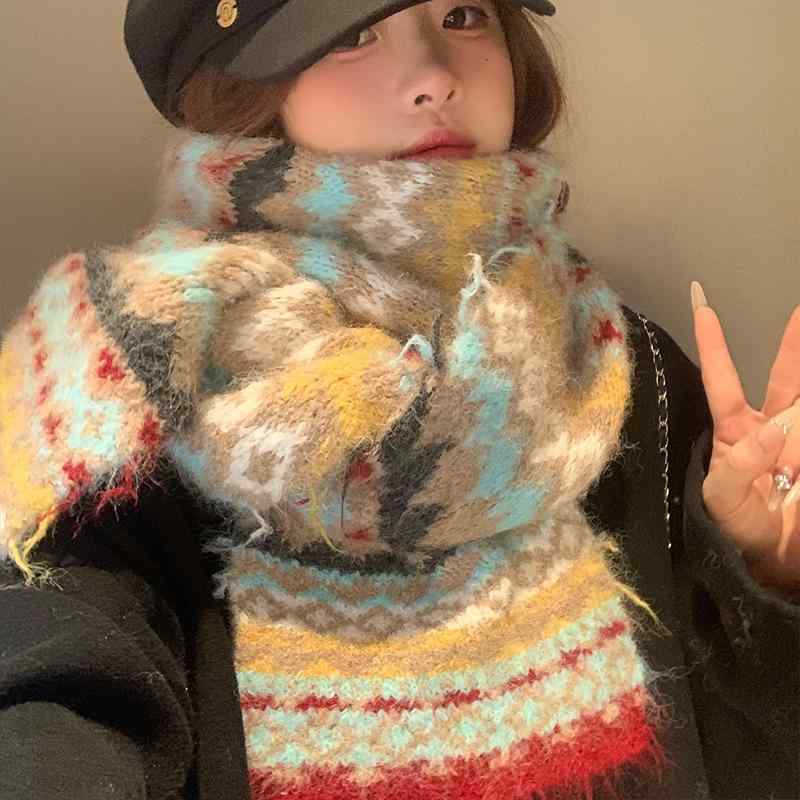 マフラー レディース 秋冬 保温 ウール フェアアイル柄 レトロ 高級感 ニット