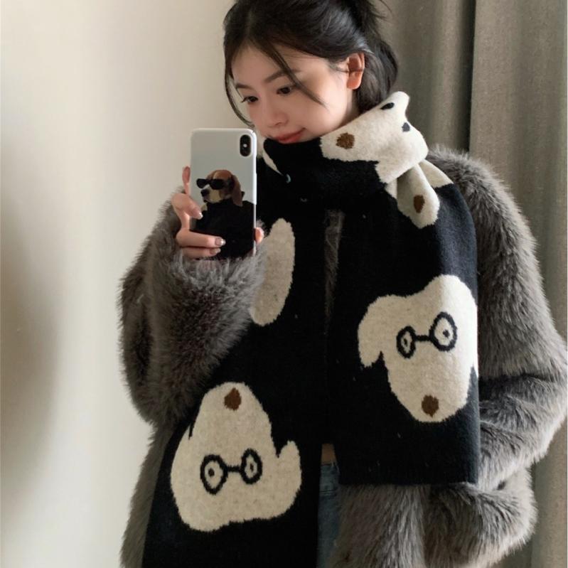 マフラー レディース かわいい 犬柄 ウール混 秋冬 防寒 暖かい 厚手 ニット スヌード 学生