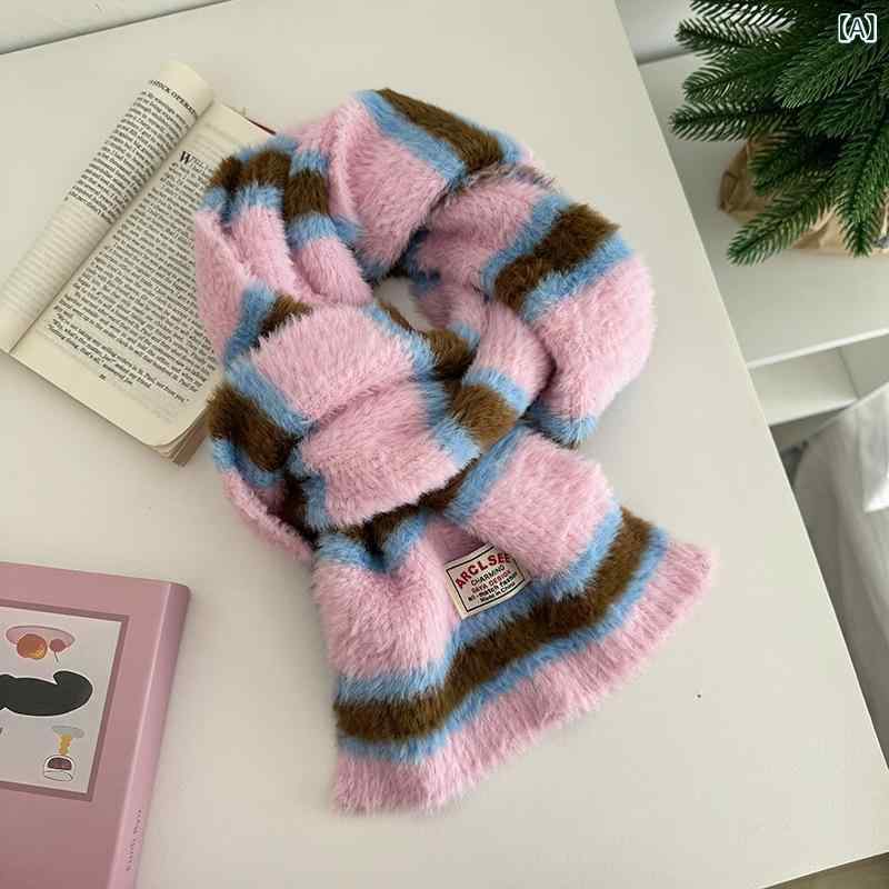 マフラー レディース かわいい 韓国風 秋冬 防寒 暖かい レインボー ボーダー ストライプ 接触冷感 伸縮性 ショール 普段使い