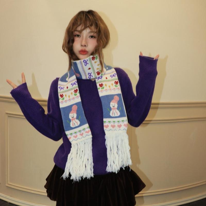 マフラー レディース かわいい クリスマス 雪だるま 刺繍 秋冬 防寒 保温 ショール ストール フリンジ レトロ 学生 ニット