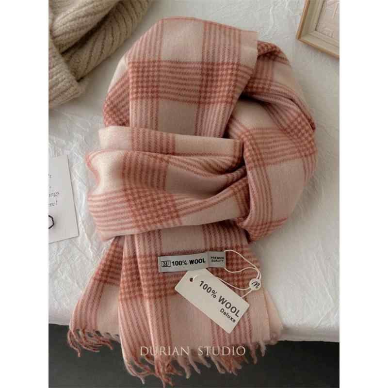 2マフラー レディース オーストラリア産ウール100% 秋冬 格子柄 高級感 暖かい 防寒 ショール ストール ひざ掛け ギフト プレゼント ミストブルー