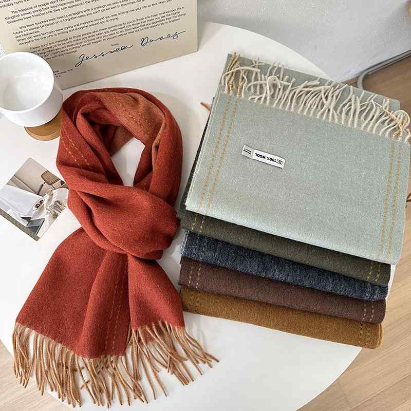 2マフラー レディース 高品質 両面 フリンジ ライン 無地 保温 ショール 韓国風 全羊毛 ストール ネックウォーマー 秋冬