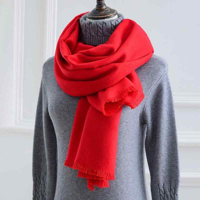 2マフラー レディース 秋冬 ショール ウール混紡 無地 短いフリンジ 赤いギフトマフラー 厚手 暖かい 防寒