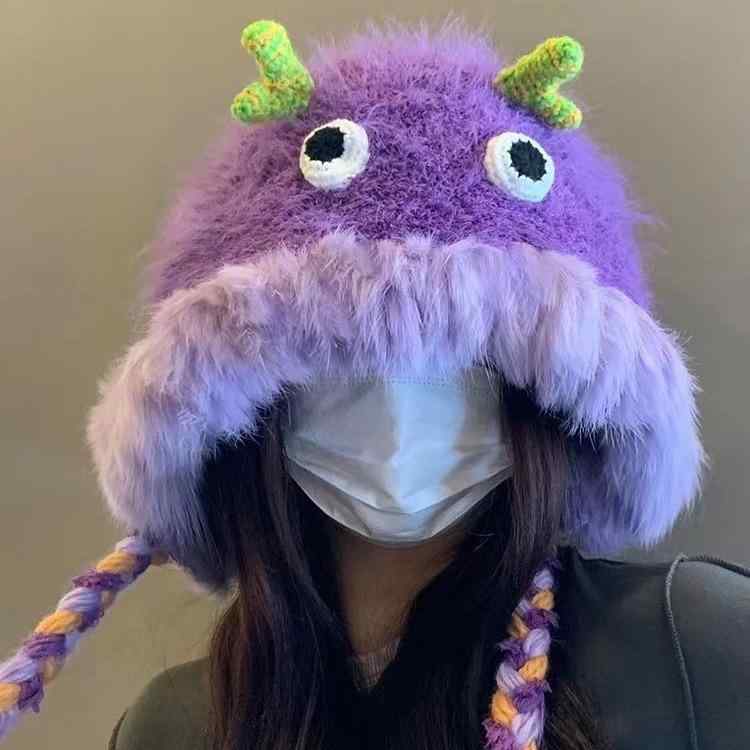 ニット帽 かわいい 秋冬 保温 毛糸帽子 包頭帽子 レディース ガールズ 小怪獣 カートゥーン 旅行 ふわふわ ぬいぐるみ