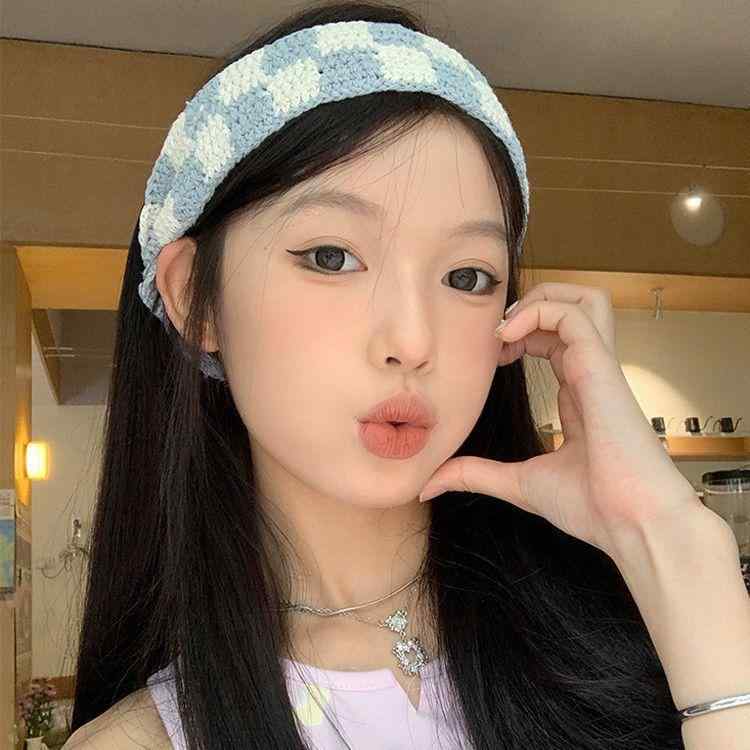 2ヘアバンド レディース 春秋 手編み ニット帽 チェック柄 かわいい アウトドア 旅行 文芸風 ヘッドバンド