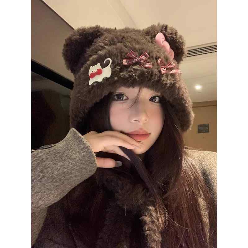 帽子 レディース かわいい 小熊 耳 猫 蝶結び ボア 秋冬 保温 防寒 耳当て 小顔効果・カテゴリ: ニット帽・対象シーズン: 冬・帽子の種類: 丸型・つばの形状: つばなし・色: 茶色, ベージュ, 白・サイズ: M（56～58cm）・...