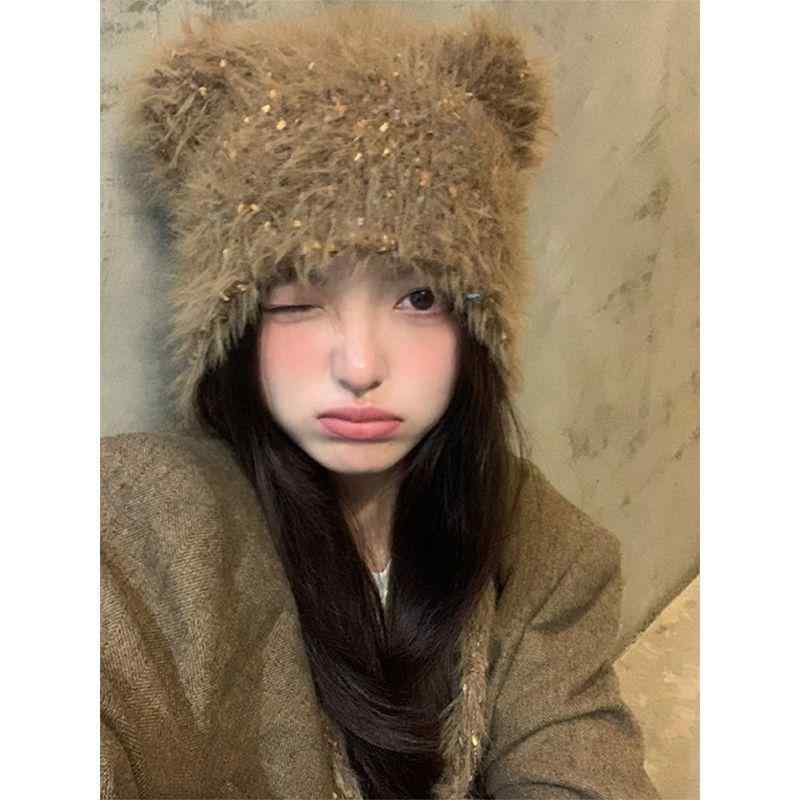 2ニット帽 レディース かわいい クマ耳 裏起毛 秋冬 防寒 保温 小顔効果 あったか コーデ