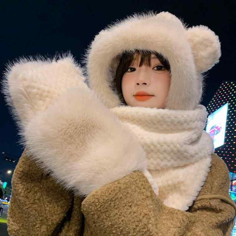 帽子 レディース かわいい 小熊 手袋 ミトン 一体型 マフラー 秋冬 防寒 保温 耳当て付き モコモコ ふわふわ 自転車 スキー スノーボード アウトドア