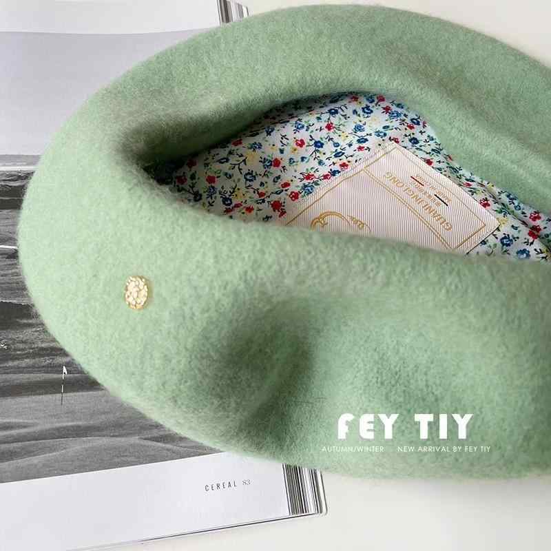 帽子 レディース ウール ベレー帽 高級感 松霜緑 韓国風 インフルエンサー オーストラリア産ウール あったか 秋冬