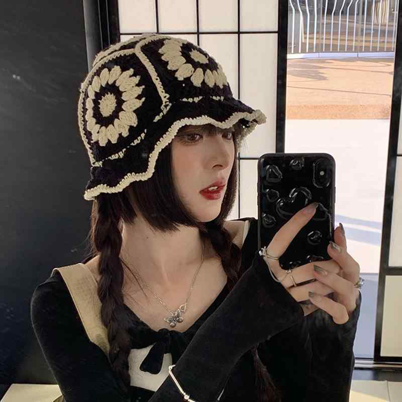 2麦わら帽子 レディース かわいい 小顔効果 镂空 ニット 帽子 漁夫帽 バケットハット 春夏 大頭 おしゃれ