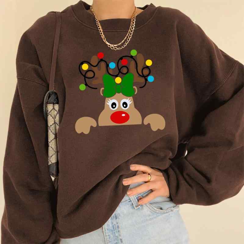 スウェット レディース 長袖 クリスマス トナカイ柄 プリント 裏起毛 暖かい ゆったり 大きめ ドロップショルダー カラフル 秋冬