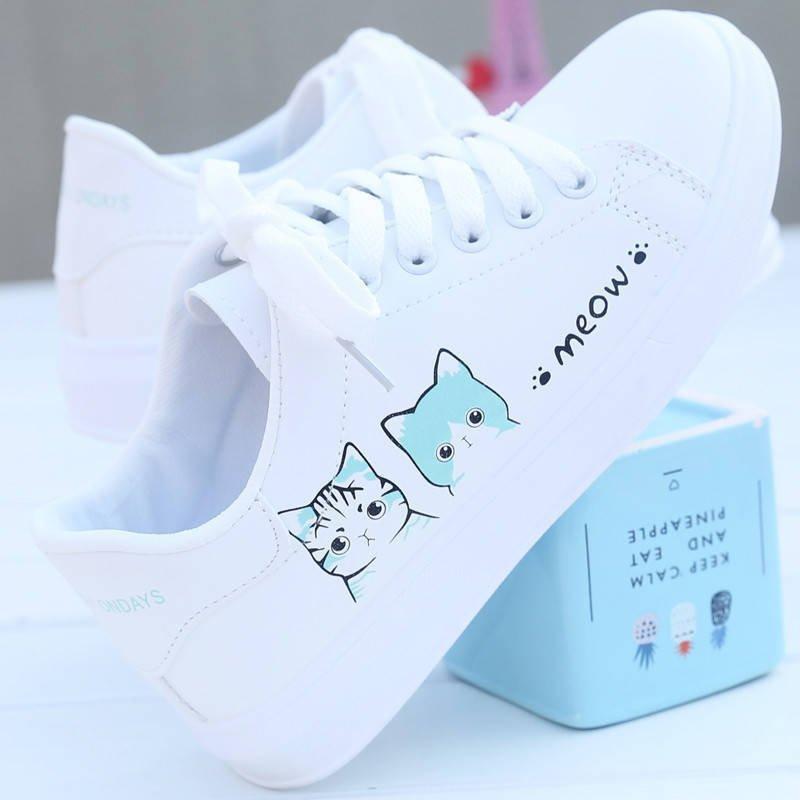 スニーカー レディース かわいい 猫耳 デザイン レザー ローカット フラットソール 歩きやすい 普段使い 学生靴