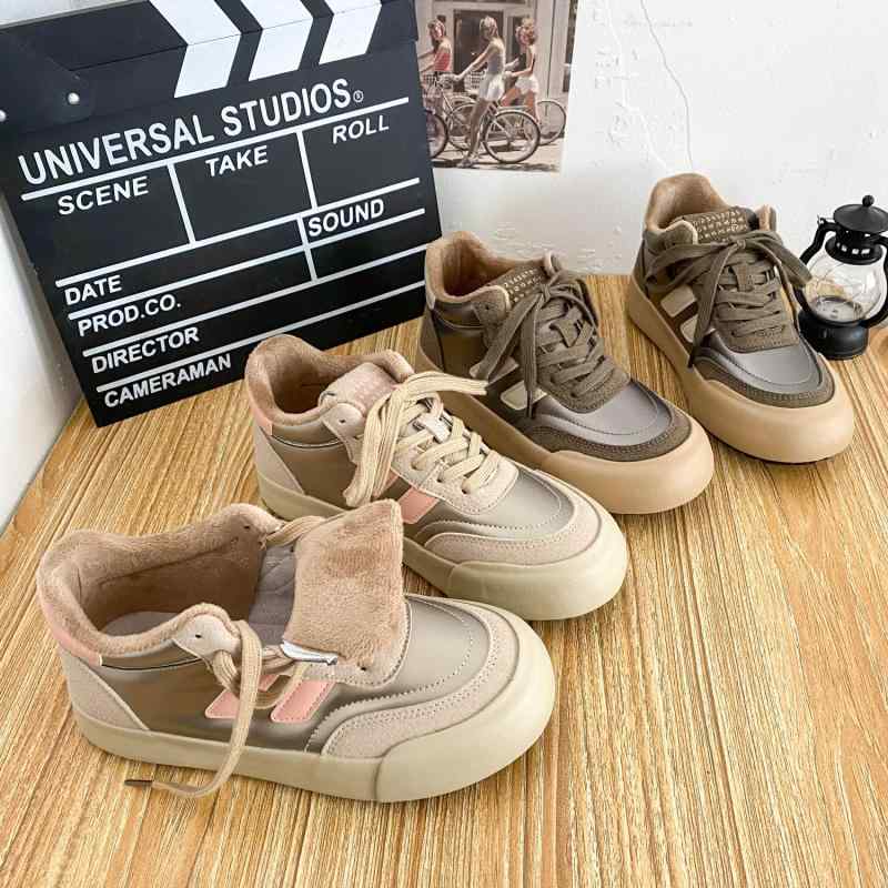 スニーカー レディース 秋冬 加绒 厚底 ハイカット 暖か ラウンドトゥ カジュアル 防寒 女性 靴 シューズ