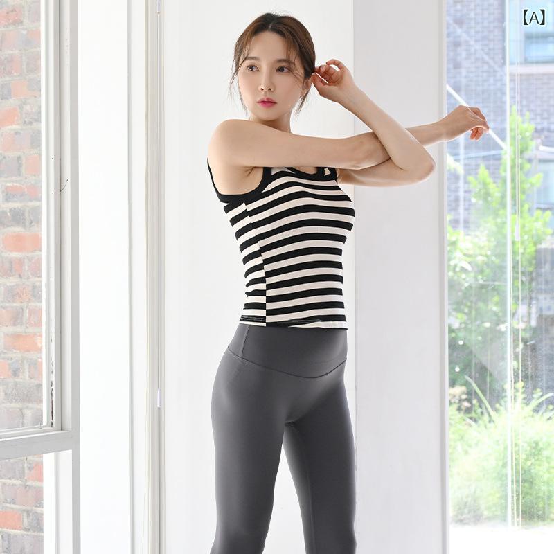 ヨガウェア レディース トップス ブラトップ付き インナー 美背 ノンワイヤー ブラジャー 一体型 肌着 下着 ストライプ ストレッチ 吸汗速乾 通気性 スポーツ 春夏