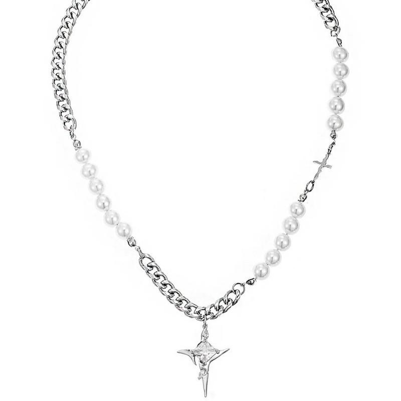 ネックレス レディース ジルコニア パール クロス ペンダント スターモチーフ 十字架 ラッキーアイテム アクセサリー