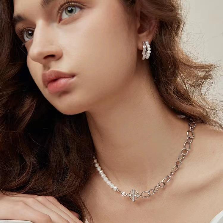 ネックレス レディース サークル パール チェーン 切り替え ショートネックレス ラッキーアイテム 小さめ 接触冷感 春夏 アクセサリー アレルギー対応 結婚式 パーティー 普段使い