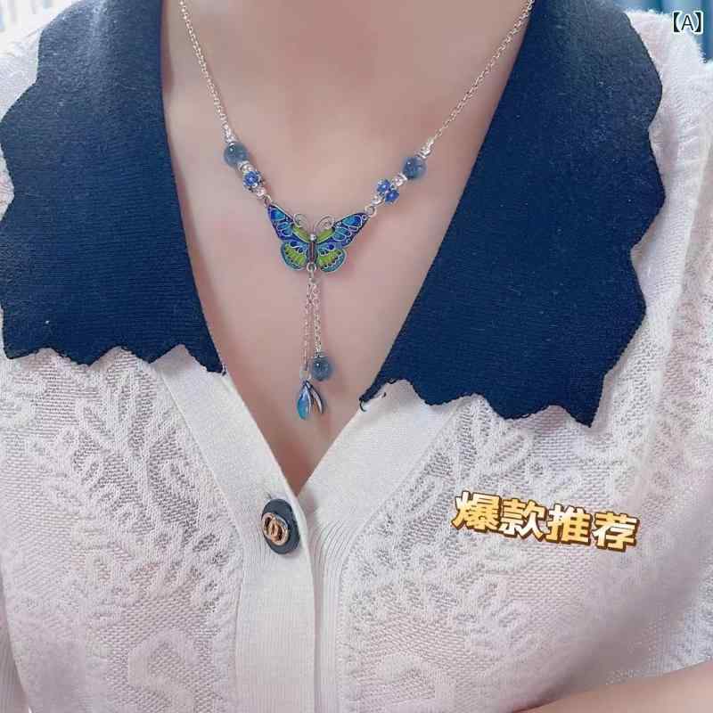 ネックレス レディース シルバー925 バタフライ フラワー 恋花 糖心 景泰藍 エナメル レトロ 中国風 小さめ かわいい デザイン