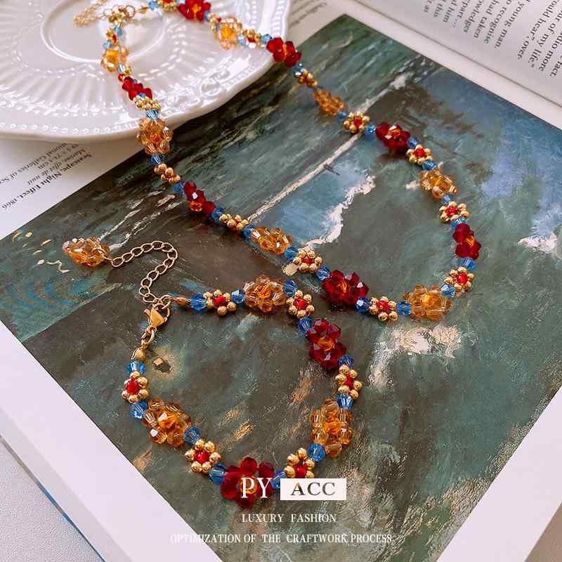 ネックレス レディース フラワー 手作り ビーズ レトロ かわいい おしゃれ チョーカー 上品 高見え アクセサリー