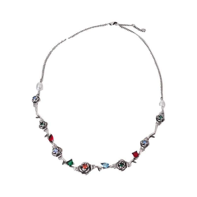 ネックレス レディース レトロ ローズ バラ 彩钻 ジルコニア 豪華感 ショートネックレス パール 真珠 鎖骨 チェーン ニット セーター アクセサリー