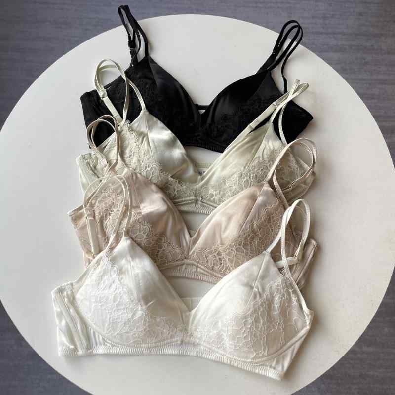 2ブラジャー レディース レース 軽やか 伸縮性 シルク サテン ノンワイヤー 肩紐