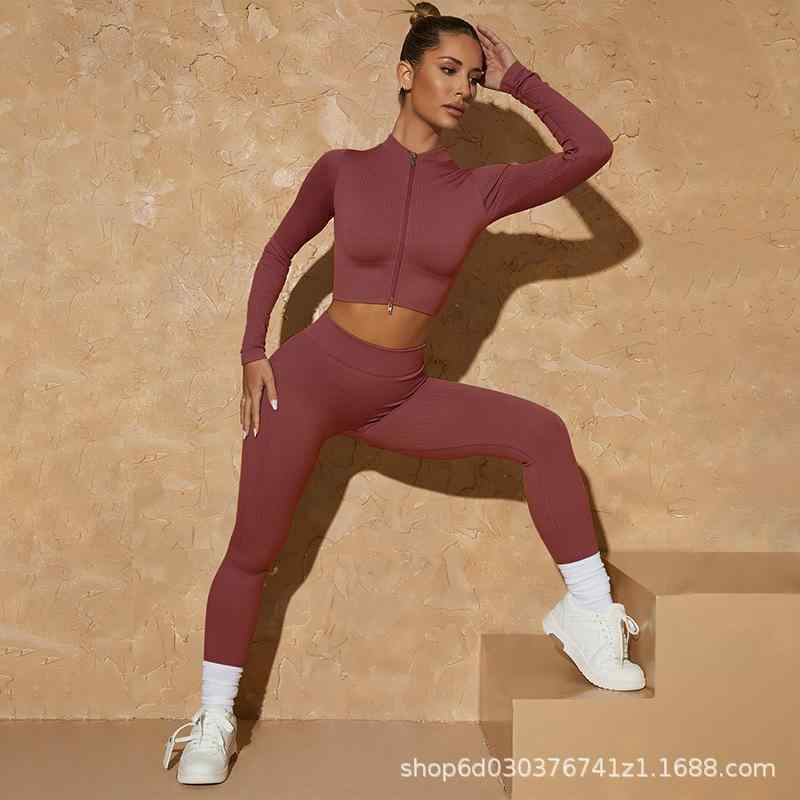 2ヨガウェア セットアップ レディース シームレス インナー 伸縮性 リブ ダブルヘッド ジッパー フィットネス ウェア ヨガ トップス スポーツブラ