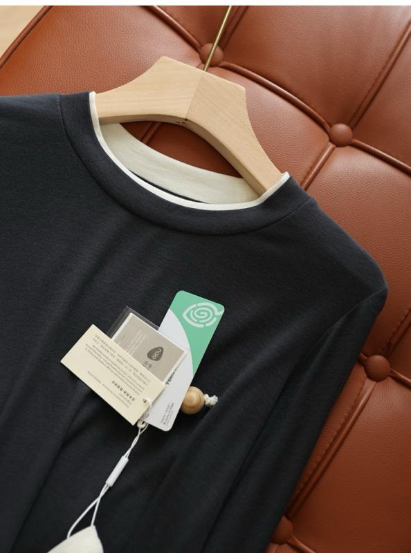 Tシャツ レディース 接触冷感 再生繊維 羊毛 レーヨン フェイクレイヤード 配色 切り替え ラウンドネック 長袖 トップス インナー・主な素材: 天丝（莱赛尔繊維）・袖丈: 長袖・版型: 常规・着丈: 普通款(50cm<着丈≤65c...