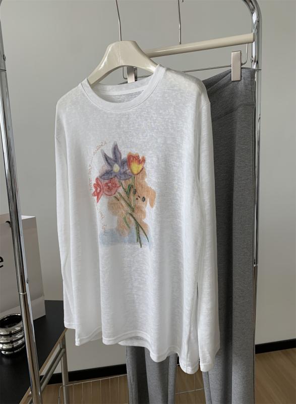 2Tシャツ レディース 花柄 刺繍 ラウンドネック 再生繊維 長袖 トップス 日焼け防止 接触冷感 エアコン対策 冷房対策