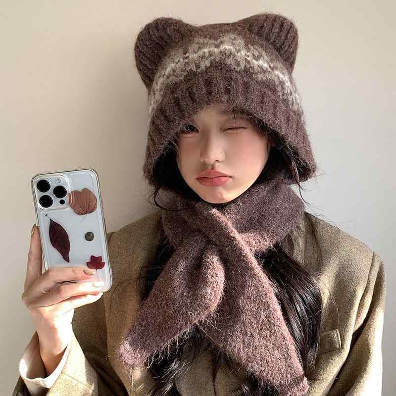 ニット帽 レディース 秋冬 熊 かわいい 韓国風 保温 ネックウォーマー 帽子 マフラー 一体型 耳あて 防寒
