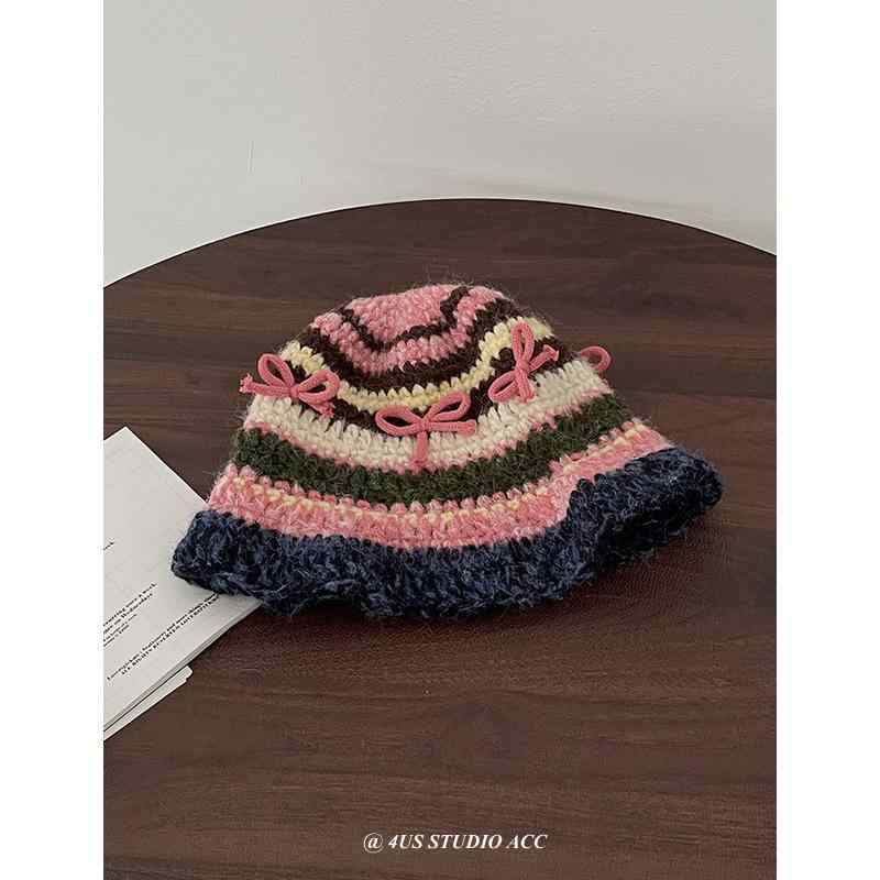 麦わら帽子 レディース レトロ かわいい ニット 帽子 立体 蝶々 ストライプ デザイン 小顔効果 漁師帽