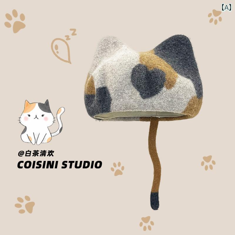 帽子 レディース 秋冬 ベレー帽 猫耳付き かわいい 防寒 保温 小顔効果 ウール フェルト おしゃれ ガーリー フェミニン カジュアル