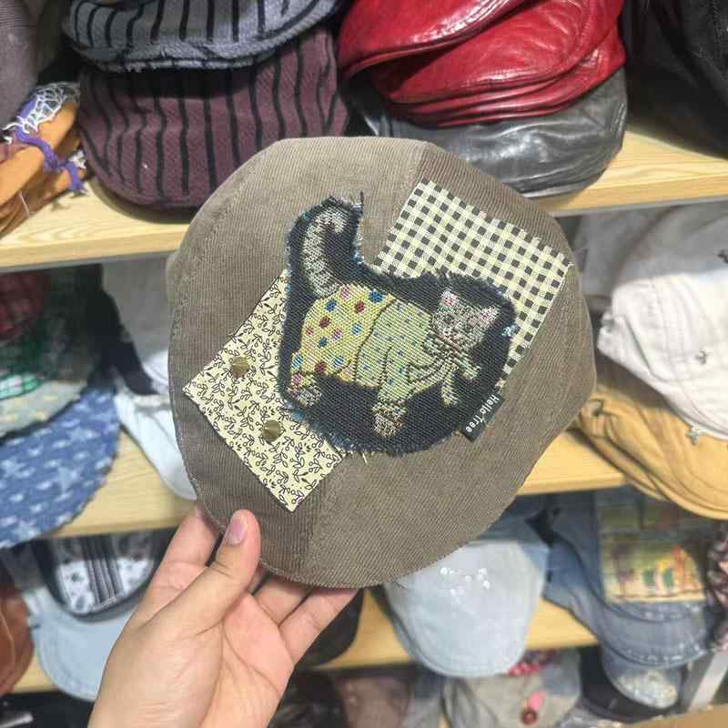 帽子 レディース 秋冬 コーデュロイ ベレー帽 猫柄 アップリケ ファッション おしゃれ かわいい 普段使い