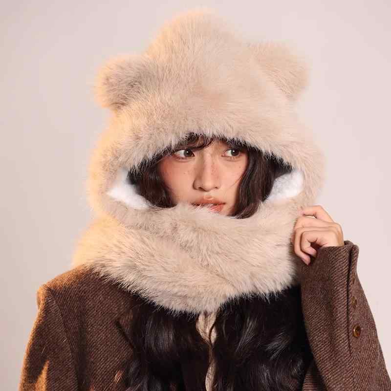 帽子 レディース かわいい クマ耳 秋冬 ニット帽 ネックウォーマー 一体型 防寒 暖かい 厚手 耳あて付き