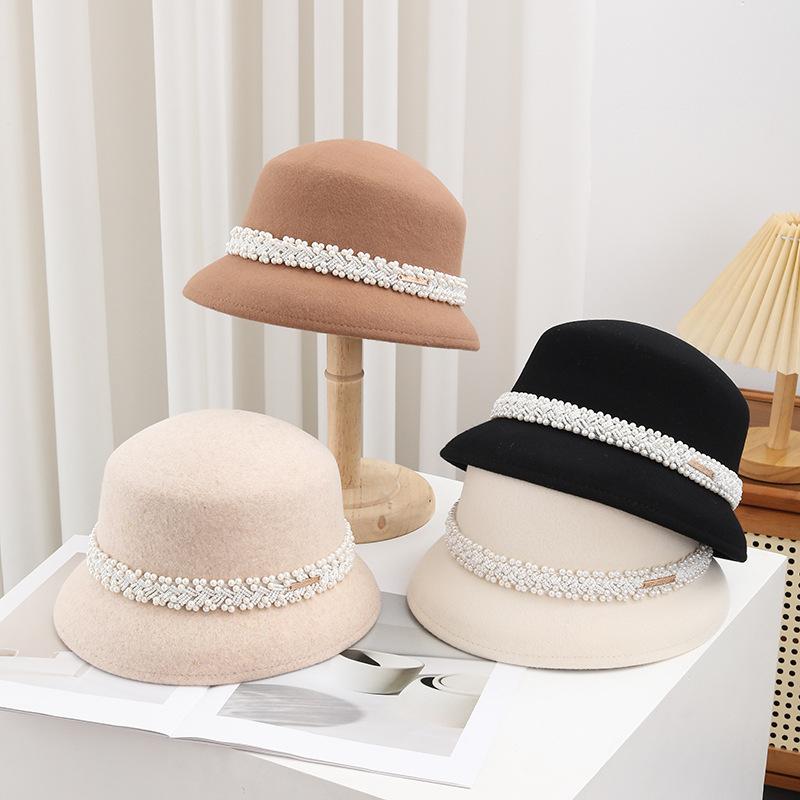 2帽子 レディース 秋冬 エレガント ウール バケットハット パール ヘップバーン風 小香風 上品