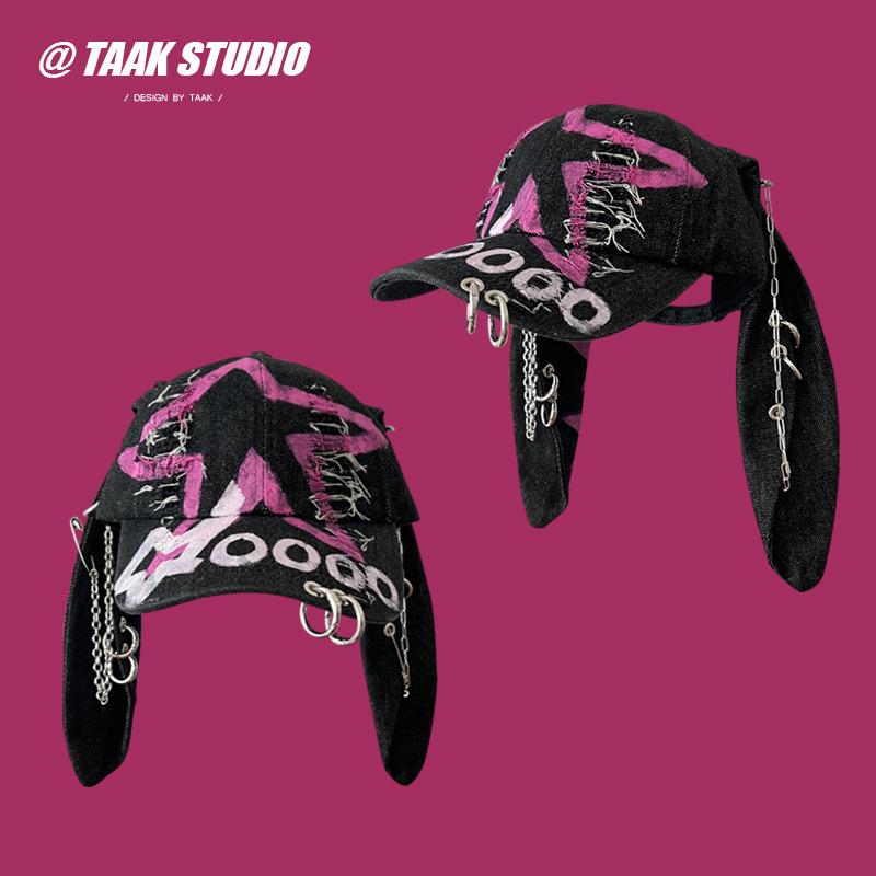 2帽子 レディース 甜酷 個性 星 ウサギ耳 野球帽 ストリート デニム ダメージ加工 キャップ