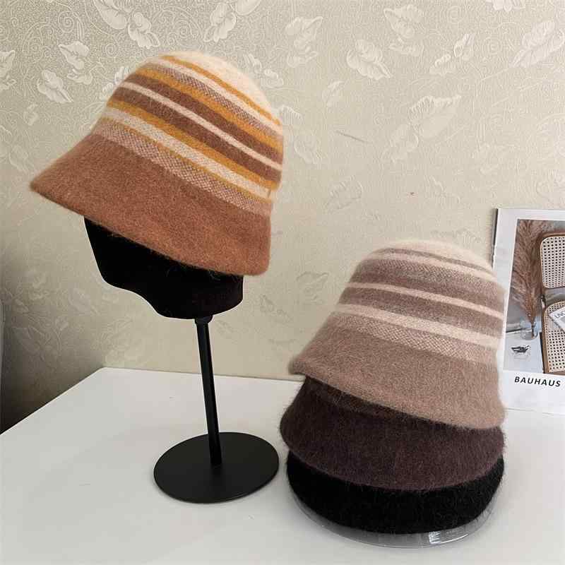 2帽子 レディース 秋冬 レトロ 配色 ストライプ バケットハット 暖かい ウサギ毛 ウール混 漁師帽 かわいい ふわふわ