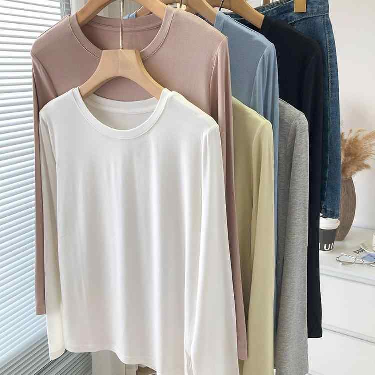 Tシャツ レディース 春秋 再生繊維 長袖 ラウンドネック トップス インナー 百搭 着回し デイリー かわいい カジュアル・素材: モダール繊維、スパンデックス・柄: 無地・スタイル: プルオーバー・袖丈: 長袖・着丈: 普通(50cm&...