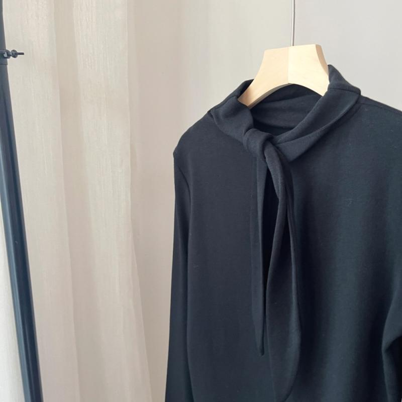 ニット レディース トップス 黒 白 深いグレー ハーフネック リボン 長袖 Tシャツ 柔らかい 肌に優しい インナー・袖丈: 長袖・ネックライン: その他・袖型: 公主袖・カラー: ブラック, ホワイト, 深灰色・サイズ: M, L・スタ...