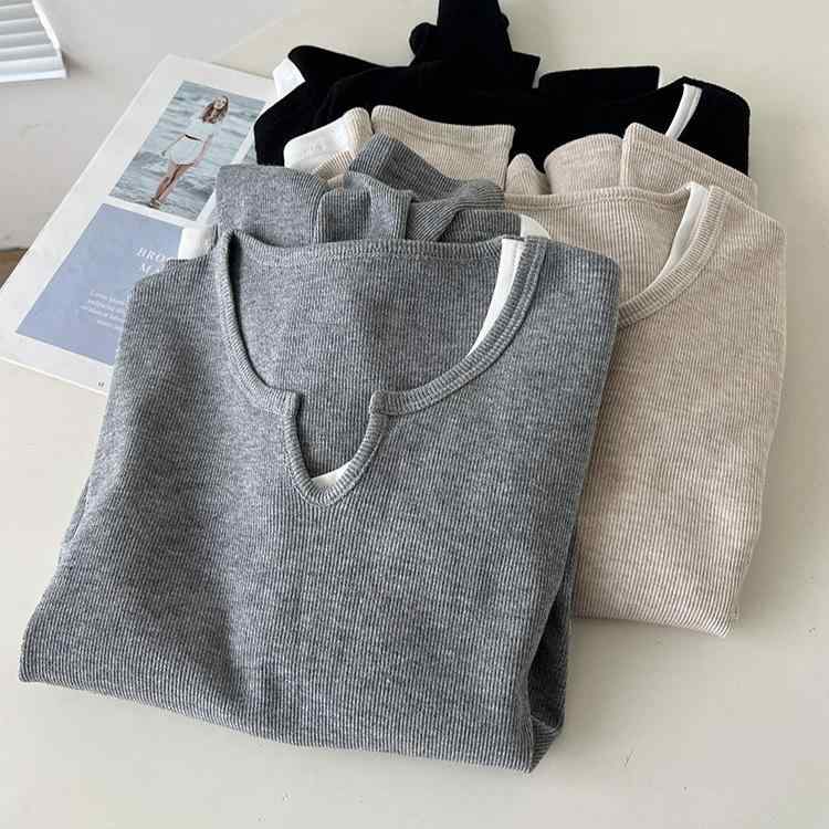 ニット レディース Vネック 切り替え ゆったり スリム 長袖 トップス インナー Tシャツ グレー 秋 春夏 普段使い かわいい おしゃれ["・主な素材: 綿, ポリエステル", "・柄: 拼色",...