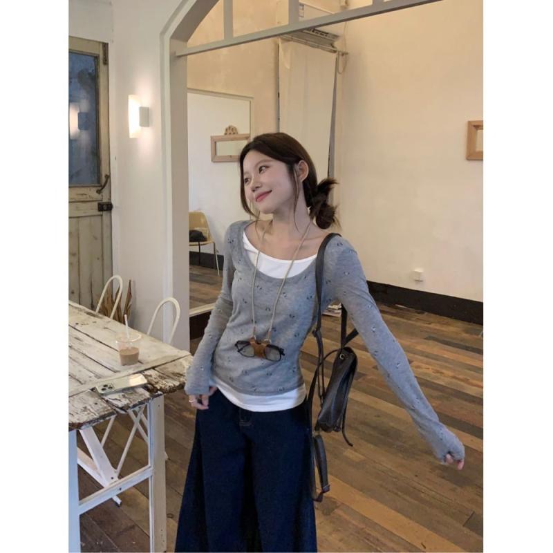 Tシャツ レディース 韓国風 長袖 薄手 トップス デザイン カットソー レイヤード風 かわいい 個性的・素材: 涤纶、氨纶・柄: 蝶結び、配色、拼接・袖丈: 長袖・版型: 修身型・ネックライン: ラウンドネック・袖型: 長袖・流行要素: ...