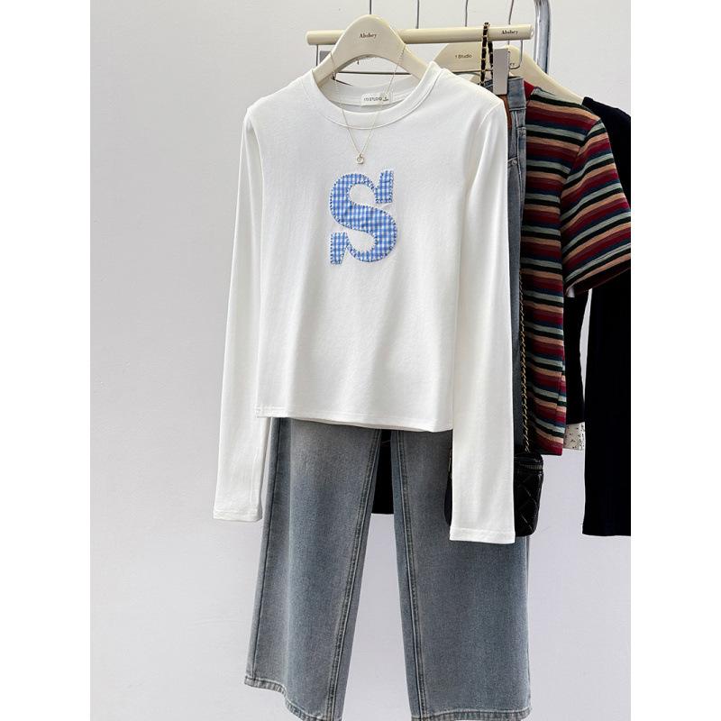 Tシャツ レディース 長袖 春物 刺繍 トップス カットソー 丸首 インナー リブ 伸縮性 吸湿性・主な素材: その他・柄: 创意・袖丈: 長袖・版型: 修身型・ネックライン: 圆领・袖型: 常规袖・カラー: 灰色, 白灰色・サイズ: S,...