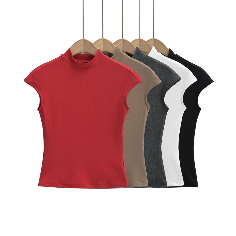 Tシャツ レディース 春夏 ヨーロッパスタイル 無地 シンプル ハイネック 半袖 トップス スリム